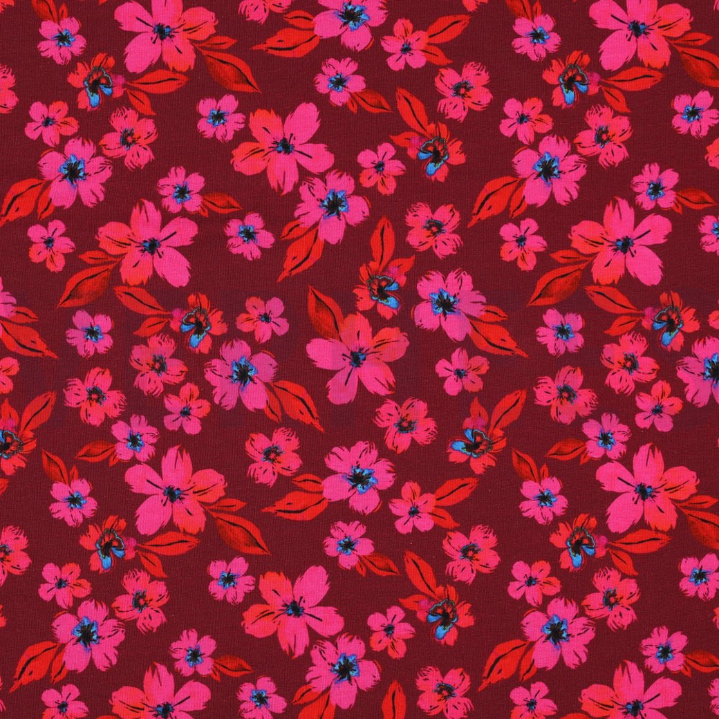 JERSEY DIGITAL FLEURS - ROSE/ROUGE | Verhees Textiles