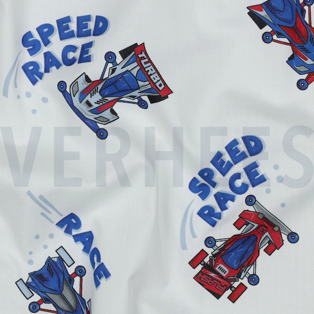 FINE POPLIN DIGITAL RACE CARS - WHITE | Verhees Textiles