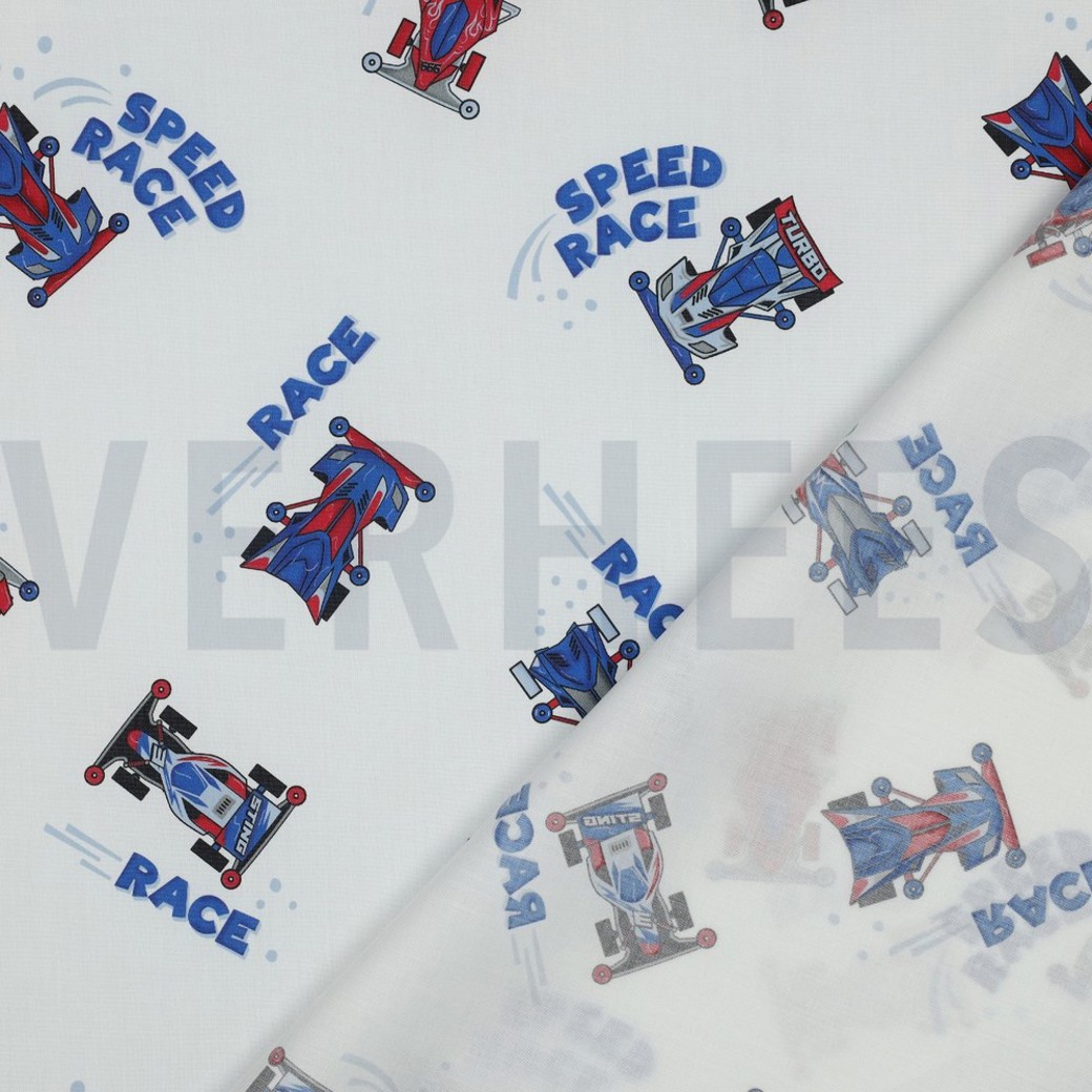 FINE POPLIN DIGITAL RACE CARS - WHITE | Verhees Textiles