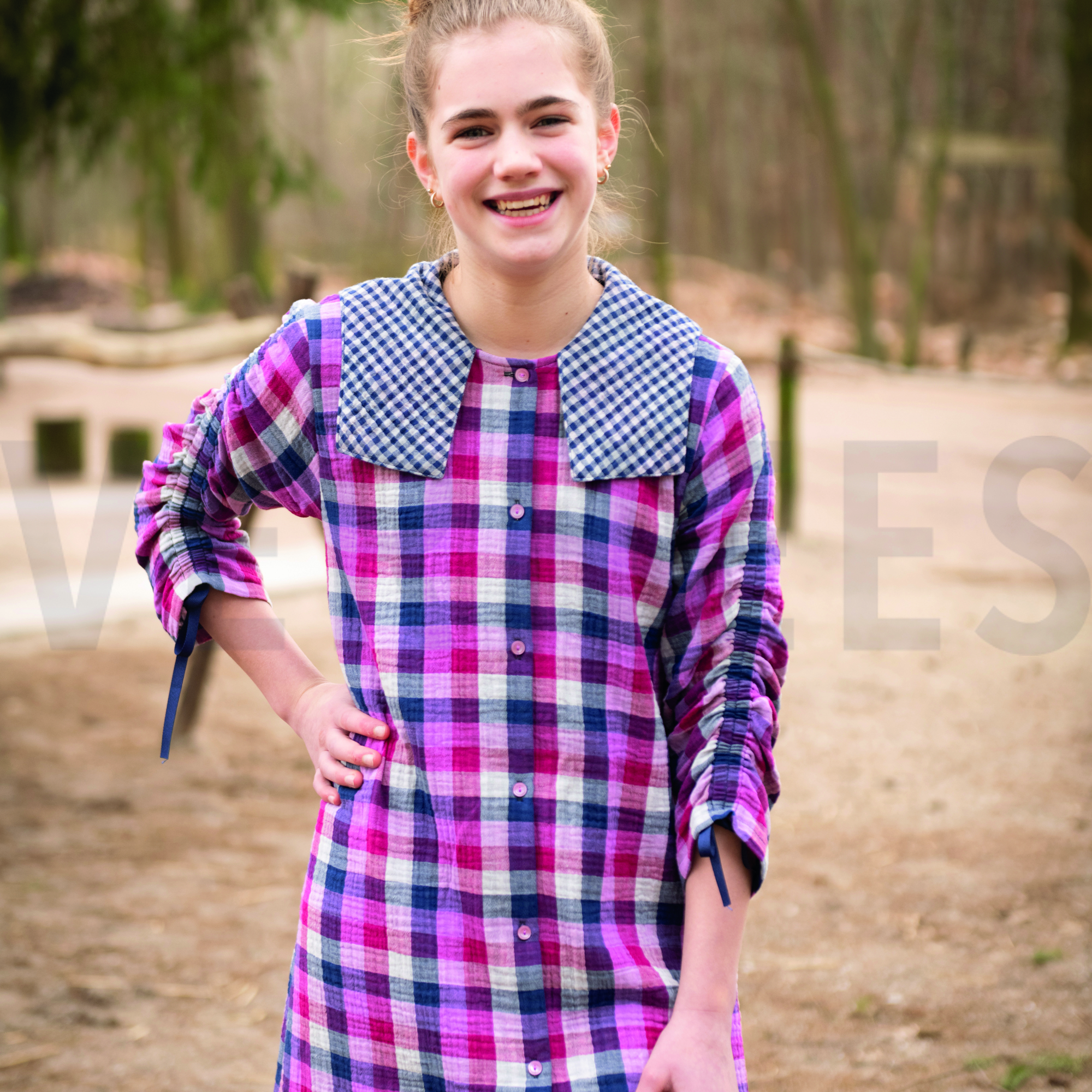 DOUBLE GAZE DE COTON DOUBLE FACE CARREAU - LILAS/BLEU MARINE | Verhees ...